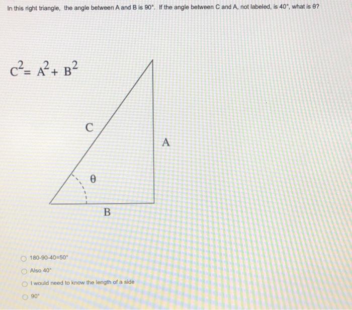 Solved In this right triangle, the angle between A and B is | Chegg.com