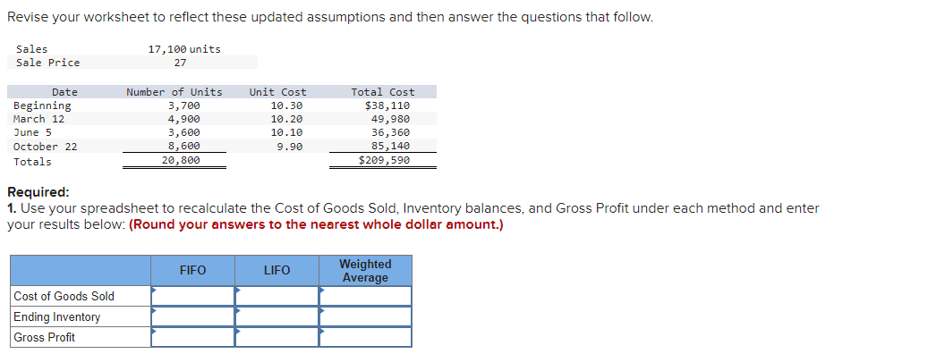Solved Revise your worksheet to reflect these updated | Chegg.com