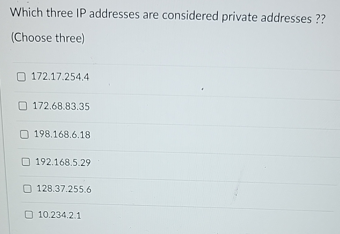 Solved Which three IP addresses are considered private | Chegg.com