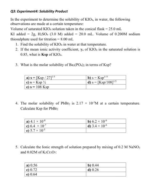 Solved In an experiment to study the solubility of KIO4 in | Chegg.com