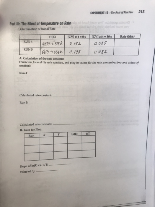 EXPERIMENT 15 The Rate of Reaction 213 Part III: The | Chegg.com