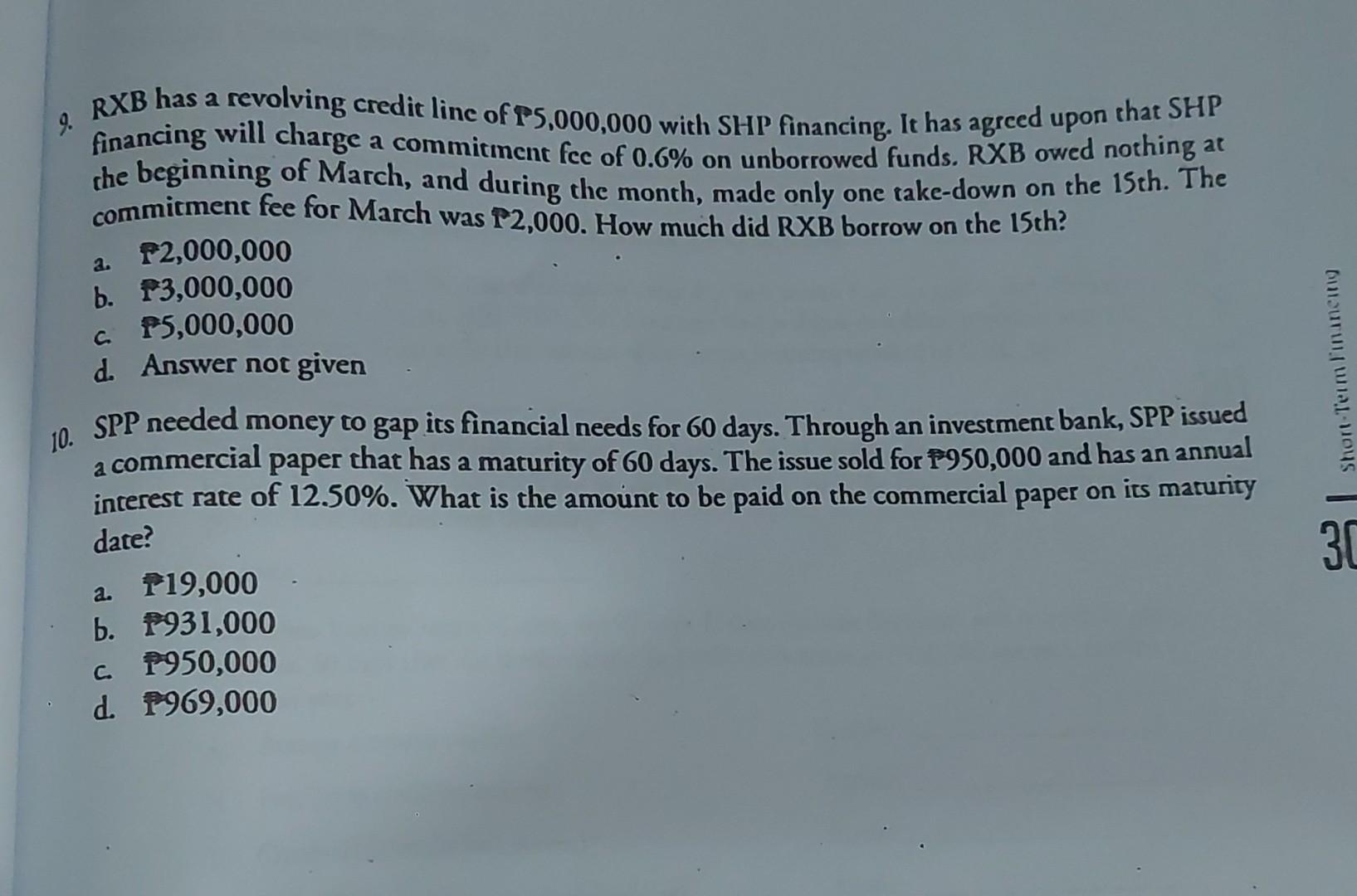 Solved 9. RXB has a revolving credit line of P5,000,000 with | Chegg.com