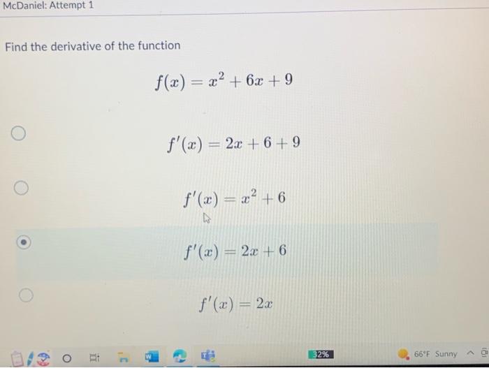 Solved Find the derivative of the function f(x)=x2+6x+9 | Chegg.com