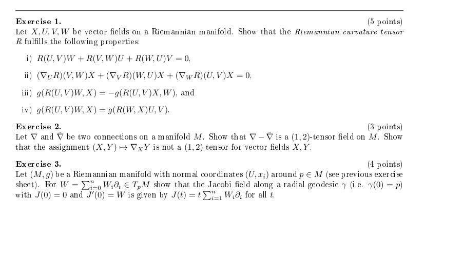 Solved Exercise 1.Let x,U,V,W ﻿be vector fields on a | Chegg.com