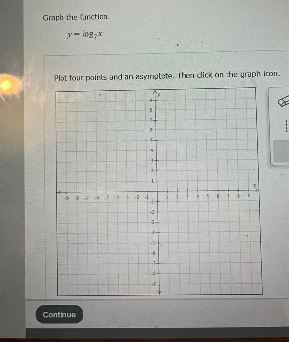 Solved Graph the function. y=log7x Plot four points and an | Chegg.com
