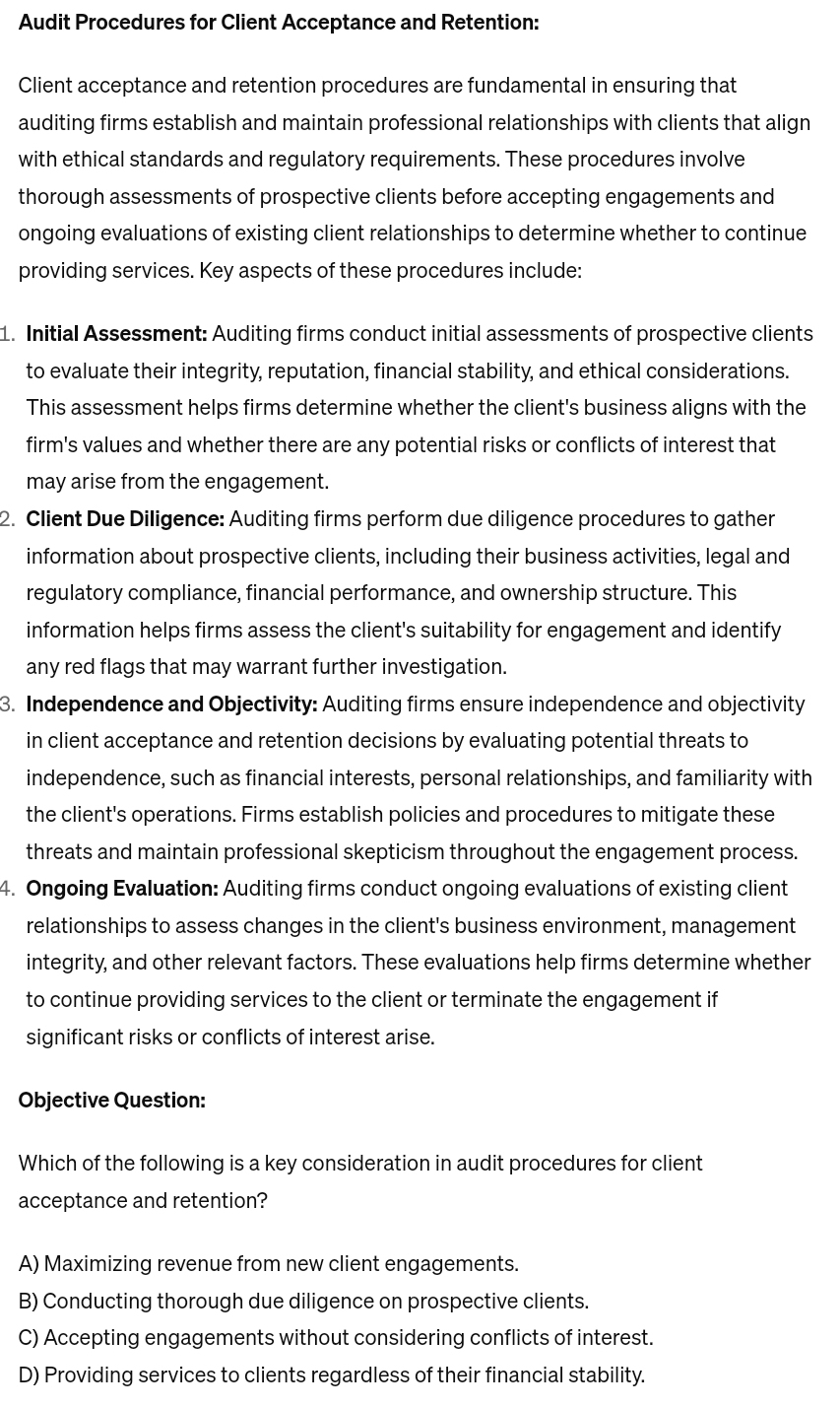 Solved Audit Procedures for Client Acceptance and | Chegg.com