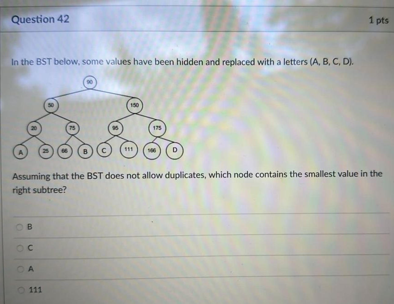 Solved Question 42In the BST below, some values have been | Chegg.com