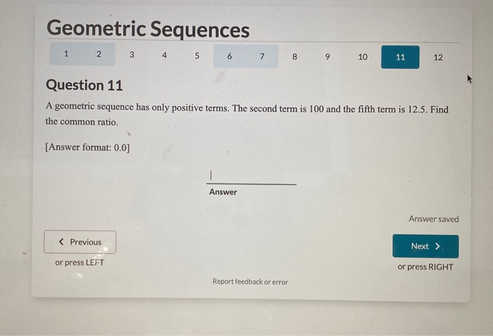Solved Geometric Sequences 1 2 3 4 5 6 7 8 9 10 11 12 | Chegg.com