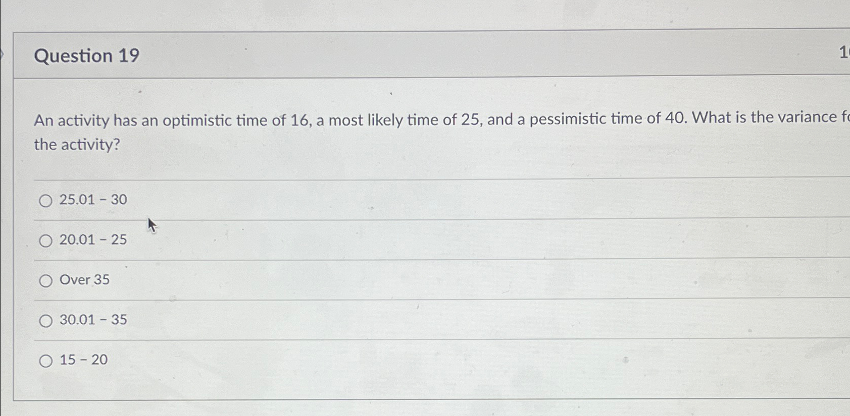 Solved Question 19An activity has an optimistic time of 16 , | Chegg.com