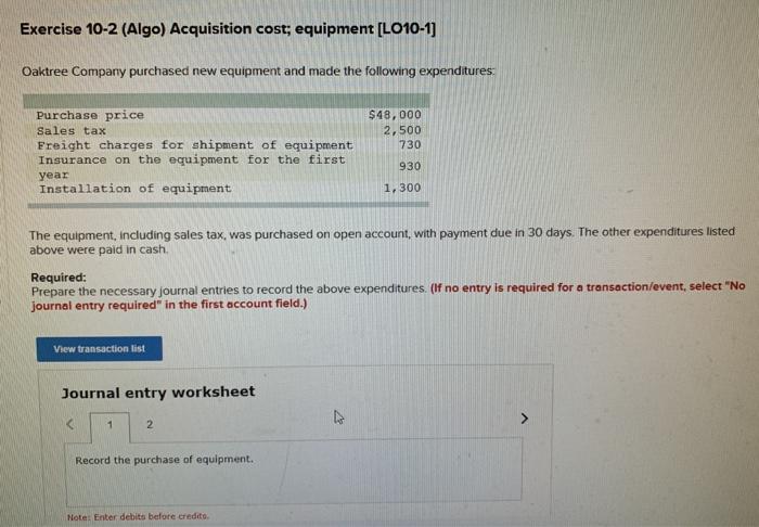 Solved Exercise 10-2 (Algo) Acquisition cost; equipment | Chegg.com
