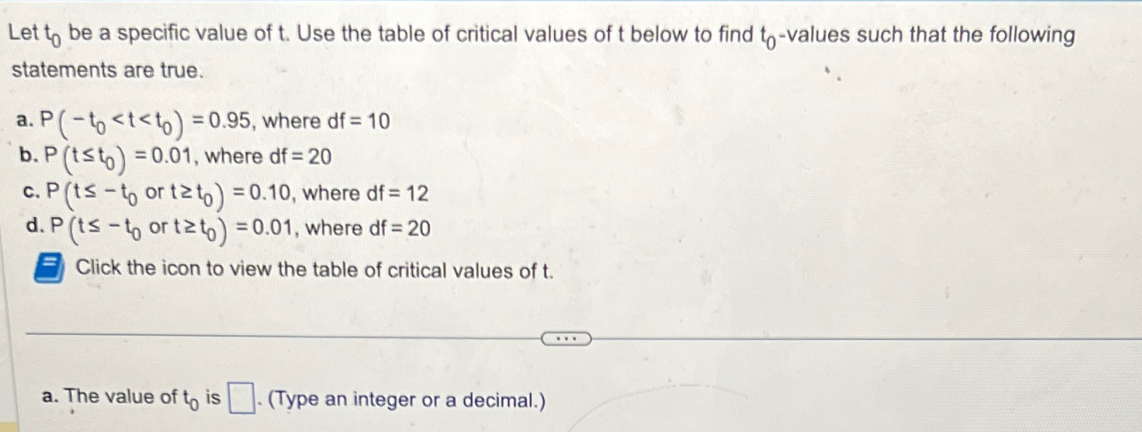 Solved Let t0 ﻿be a specific value of t. ﻿Use the table of | Chegg.com