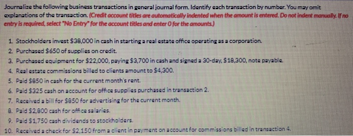 Solved Journalize the following business transactions in | Chegg.com