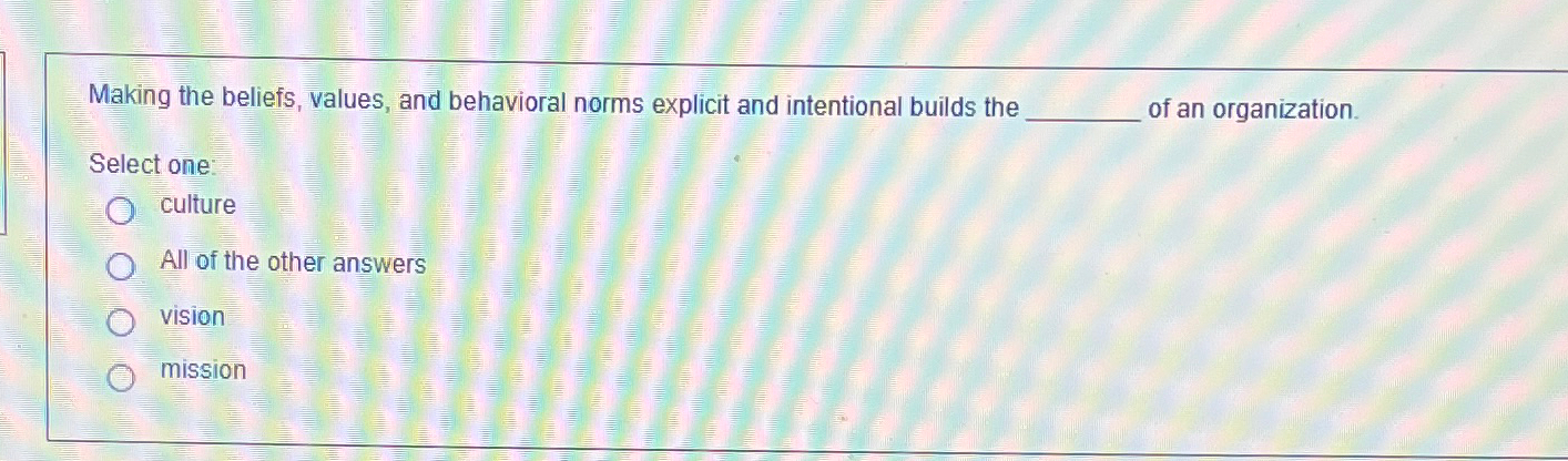 Solved Making the beliefs, values, and behavioral norms | Chegg.com