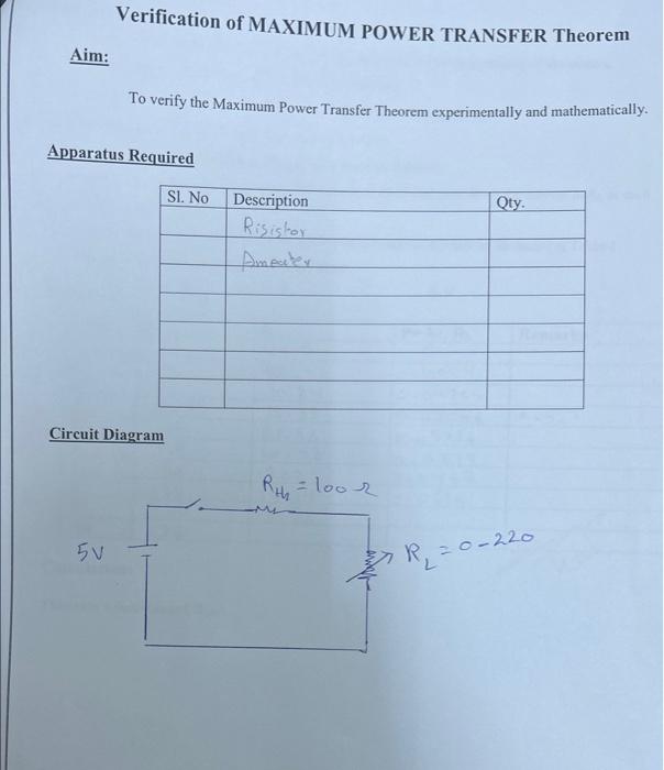Solved Verification of MAXIMUM POWER TRANSFER Theorem Aim: | Chegg.com