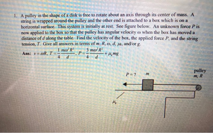 Solved 1. A pulley in the shape of a disk is free to rotate | Chegg.com