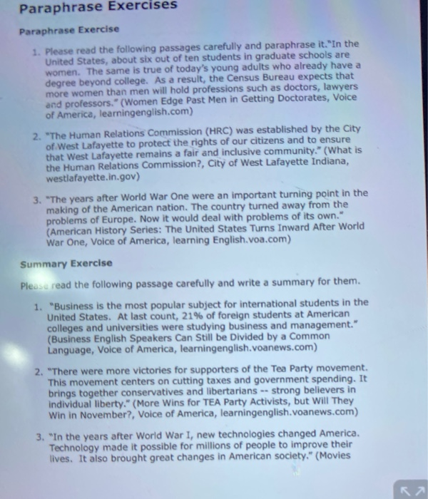 Solved Paraphrase Exercises Paraphrase Exercise 1. Please | Chegg.com