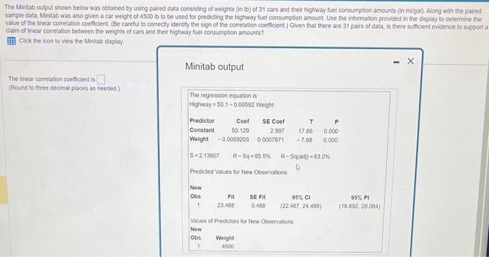 Solved The Minitab output shown below was obtained by using | Chegg.com
