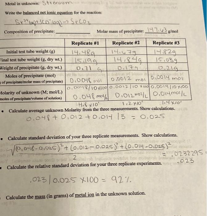 Solved Calculate average unknown Molarity from the three | Chegg.com