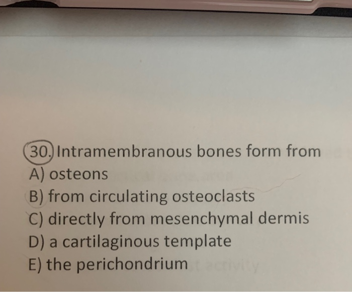 Solved (30. Intramembranous bones form from A) osteons B) | Chegg.com