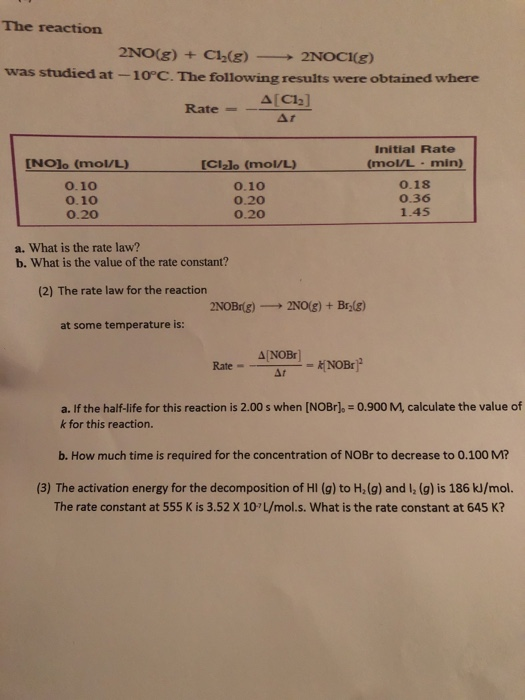 Solved The reaction 2NO(g) + Cl2(g) - 2NOCI(g) was studied | Chegg.com