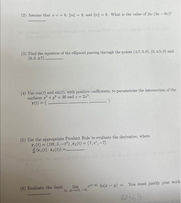Solved (1) The line r(t) = (2,5, 6) +t(-1, -7,6) intersects | Chegg.com