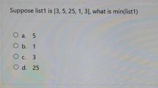 Solved Suppose list1 ﻿is [3,5,25,1,3], ﻿what is min | Chegg.com