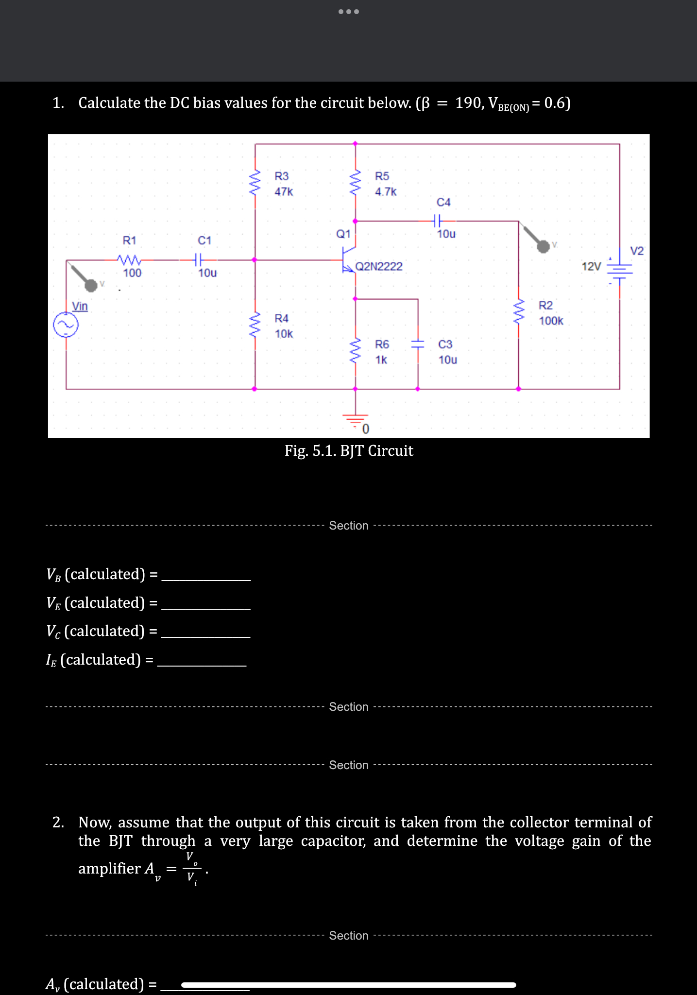 Calculate the DC bias values for the circuit below. | Chegg.com