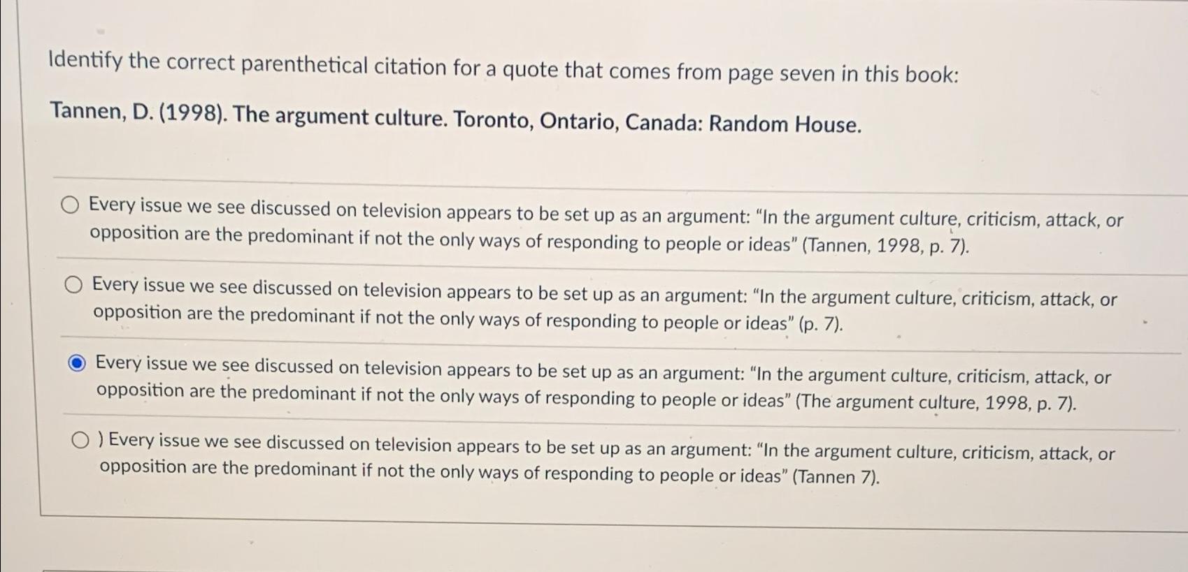 Solved Identify the correct parenthetical citation for a | Chegg.com