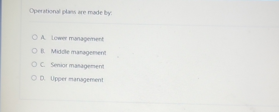 Solved Operational plans are made by:A. ﻿Lower managementB. | Chegg.com