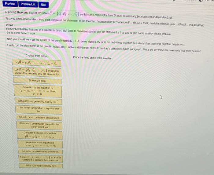 Solved (2 ponts) Theorem: If a set of vectors S={v1,c2,…+vm} | Chegg.com