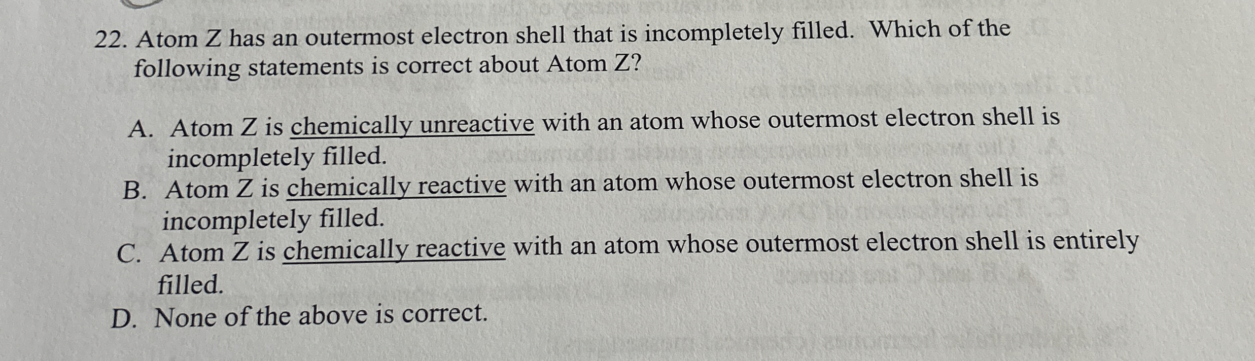 Solved Atom Z ﻿has an outermost electron shell that is | Chegg.com
