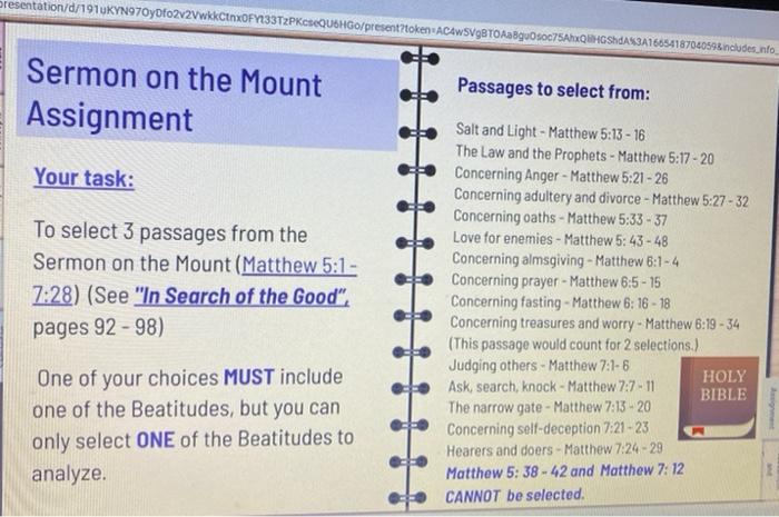 Sermon on the Mount ASsignment Your task: To select 3 | Chegg.com