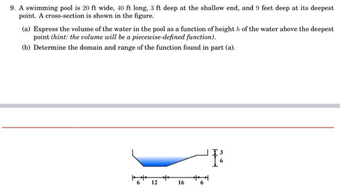 Solved 9. A swimming pool is 20ft wide, 40ft long, 3ft deep | Chegg.com