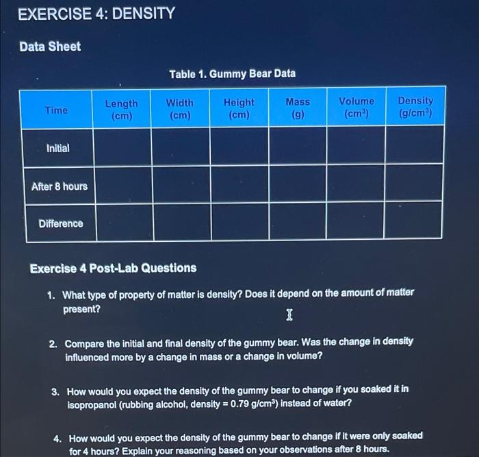 Solved EXERCISE 4: DENSITY Data Sheet Table 1. Gummy Bear | Chegg.com