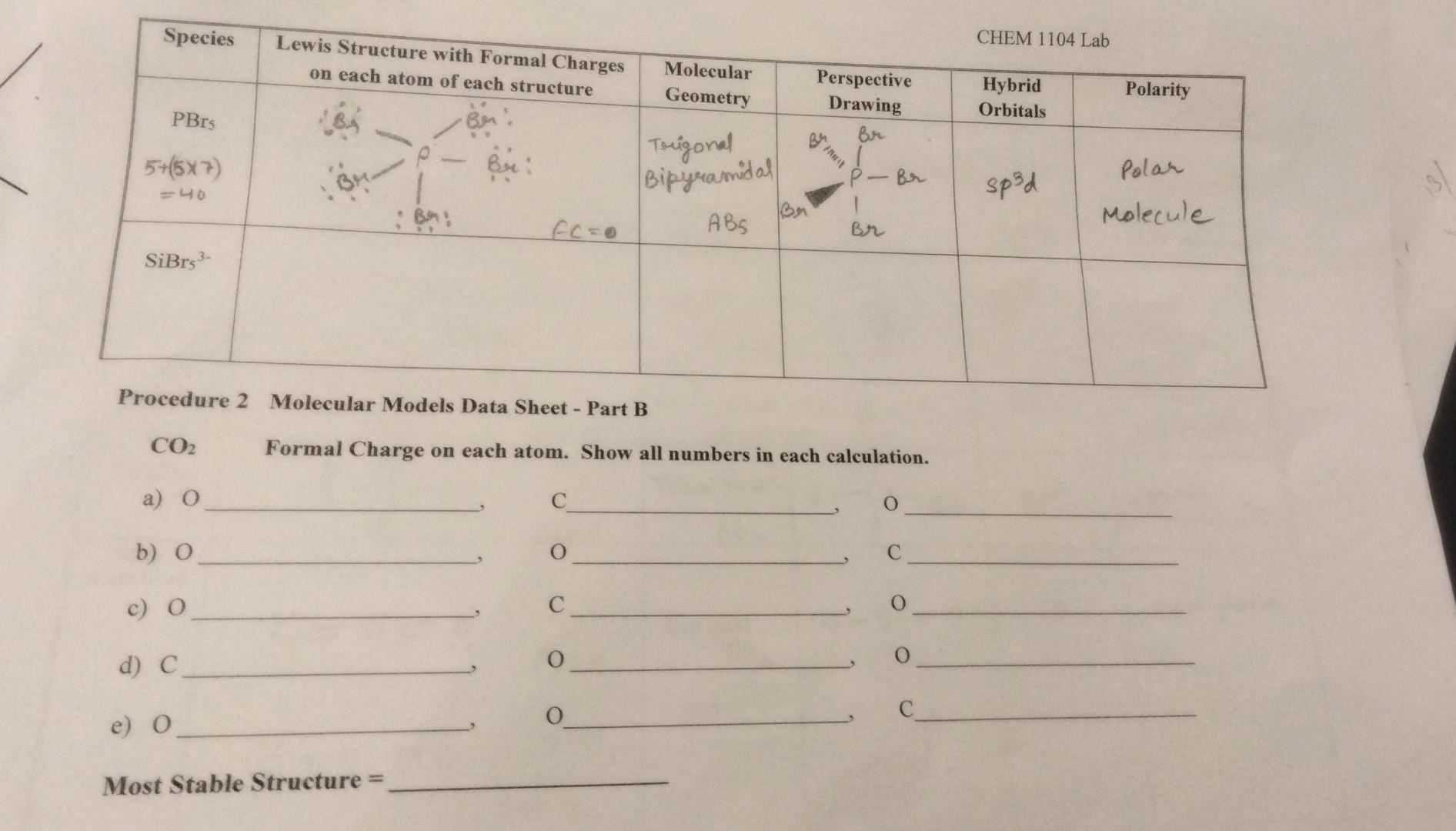 Procedure 2 Molecular Models Data Sheet - Part B CO2 | Chegg.com