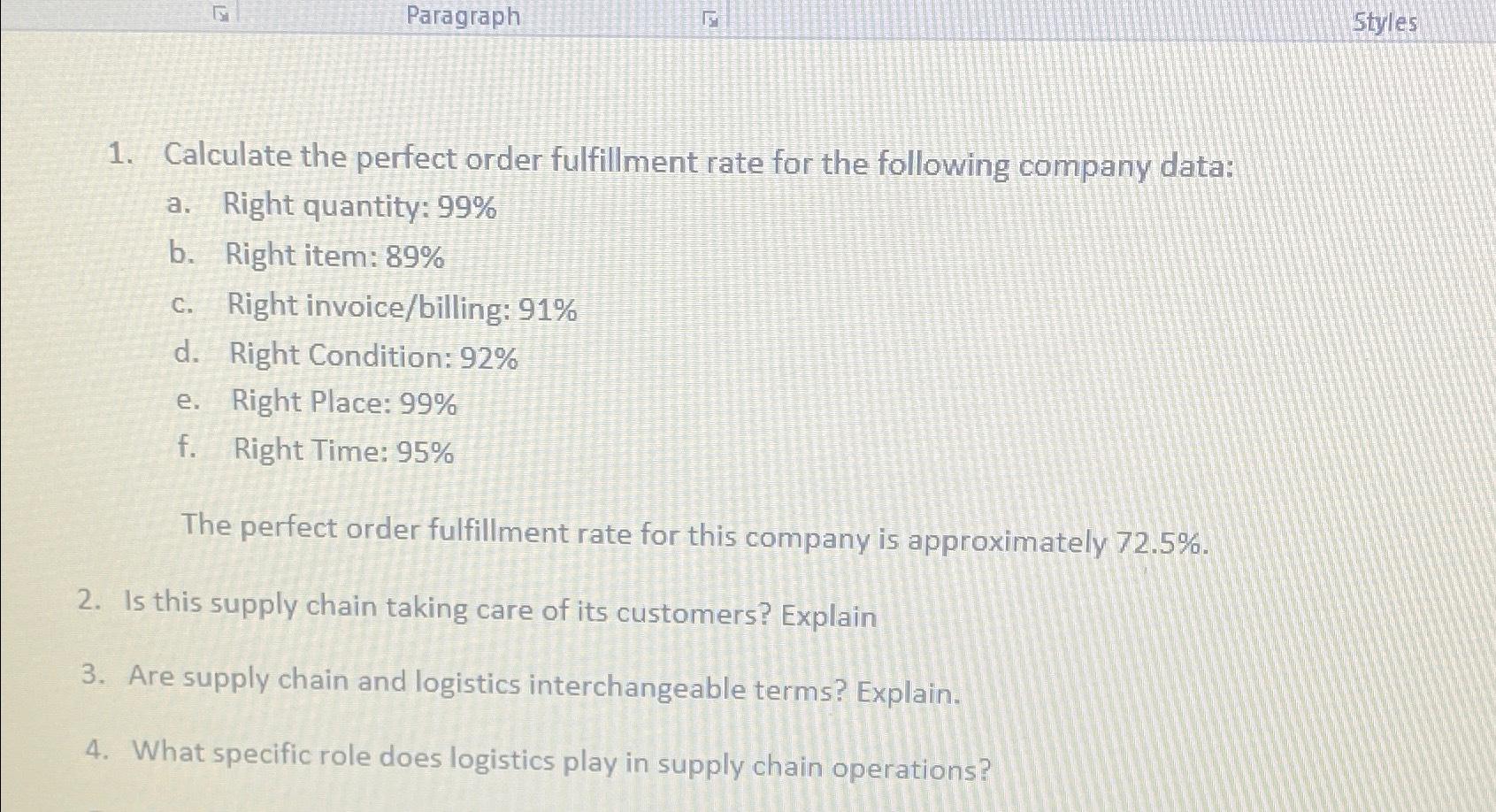 Solved Calculate the perfect order fulfillment rate for the | Chegg.com