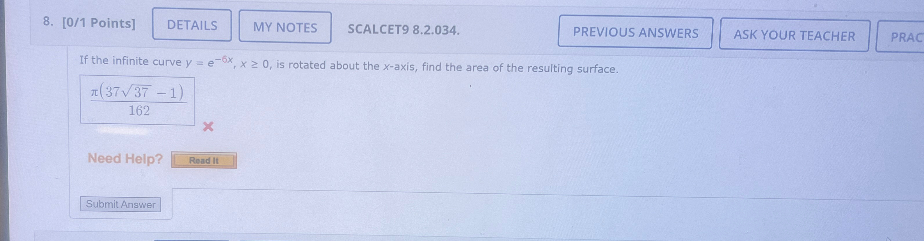 Solved If the infinite curve y=e^-6x x 0 ﻿is rotated about | Chegg.com