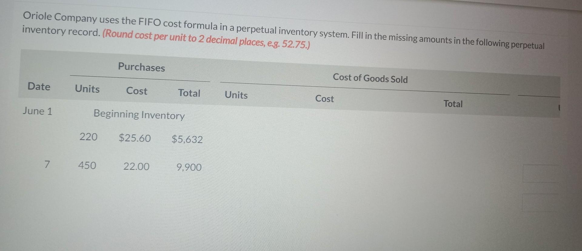 Solved Oriole Company uses the FIFO cost formula in a | Chegg.com