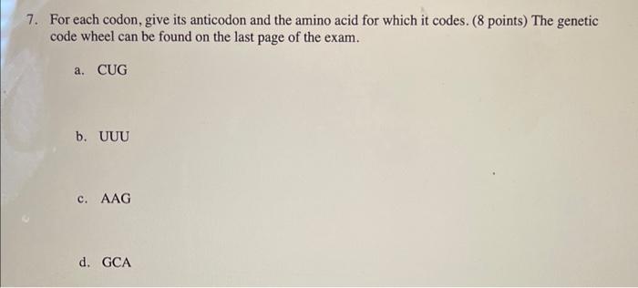 Solved 7. For each codon, give its anticodon and the amino | Chegg.com