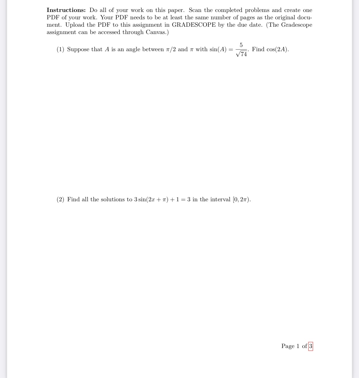 Solved Instructions: Do all of your work on this paper. Scan | Chegg.com