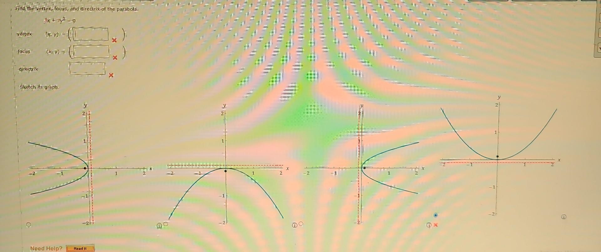 Solved 3x+7y2=0 vertex (x,y)= focus directrix Sketch its | Chegg.com