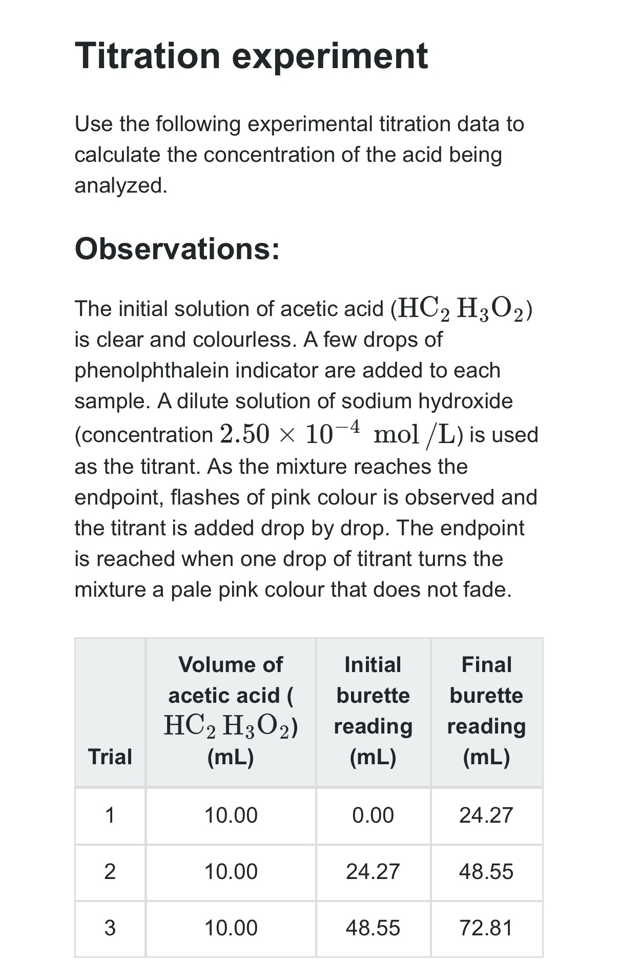 Solved Titration experimentUse the following experimental | Chegg.com