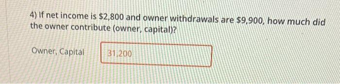 Solved 4) If net income is $2,800 and owner withdrawals are | Chegg.com