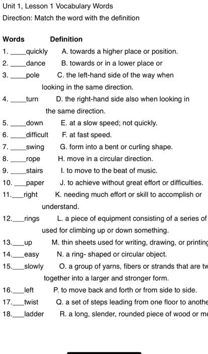 Unit 1, Lesson 1 Vocabulary Words Direction: Match | Chegg.com