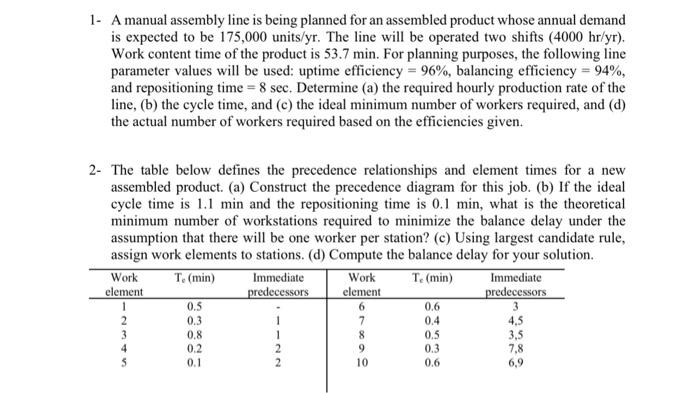 Solved 1- A manual assembly line is being planned for an | Chegg.com