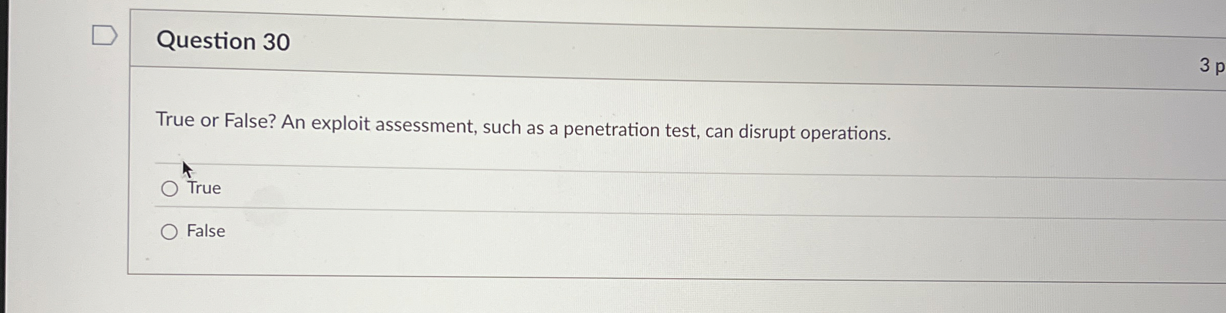 Solved Question 30True or False? An exploit assessment, such | Chegg.com