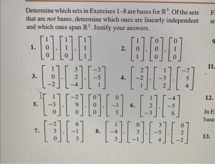 Solved Determine which sets in Exercises 1-8 are bases for | Chegg.com
