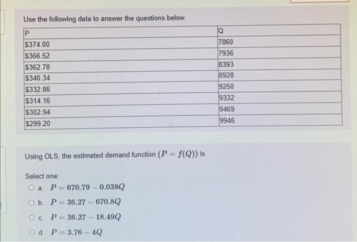Solved Use the following data to answer the questions below. | Chegg.com
