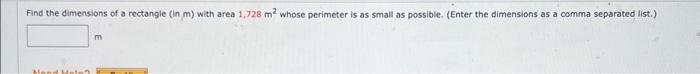 Solved Find the dimensions of a rectangle (in m ) with area | Chegg.com
