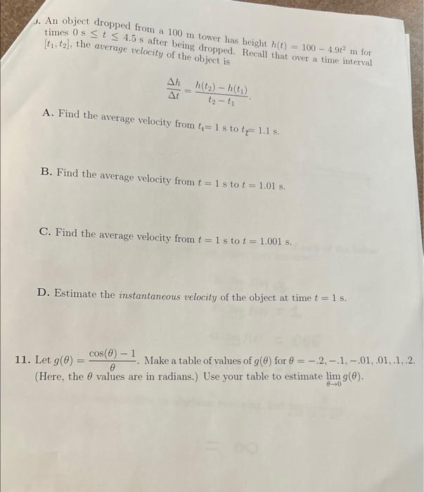 Solved 3 An Object Dropped From A 100 M Tower Has Height
